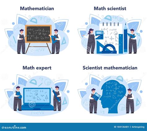 Mathematician Set Mathematician Use Scientific Pattern Formulate Calculation Cartoon Vector