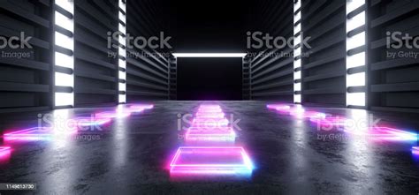 네온 퍼플 블루 빛나는 미래의 현대 공상 과학 Fi 콘크리트 복도 복도 터널 창 고 지 하 차고 그 후 어두운 빈 반사 쇼케이스 무대 레이저 우주선 3d 렌더링 0명에 대한