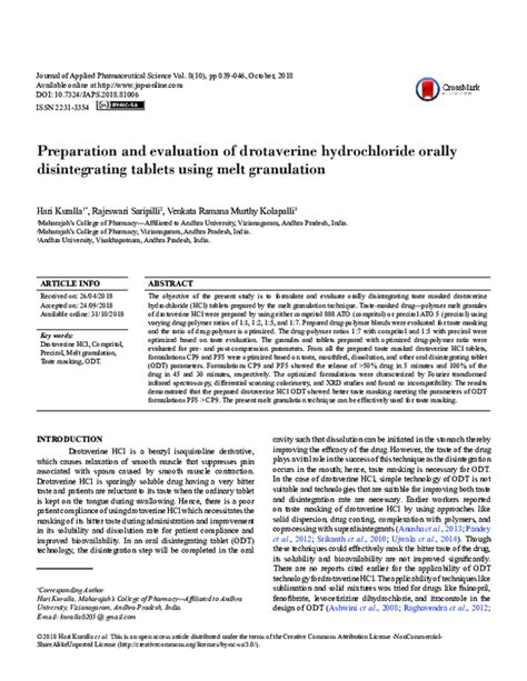 Pdf Preparation And Evaluation Of Drotaverine Hydrochloride Orally Disintegrating Tablets