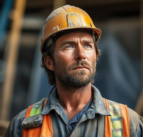 A Man Wearing A Hard Hat And Orange Vest Stands In Front Of A Building