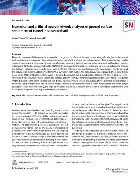 Pdf Numerical And Artificial Neural Network Analyses Of Ground Surface Settlement Of Tunnel In
