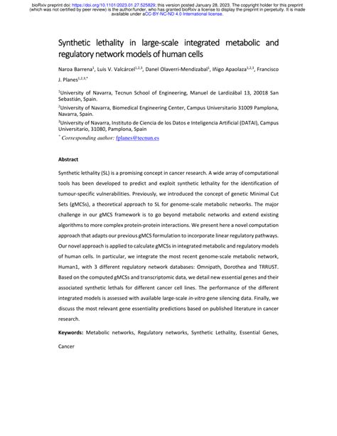 Pdf Synthetic Lethality In Large Scale Integrated Metabolic And Regulatory Network Models Of
