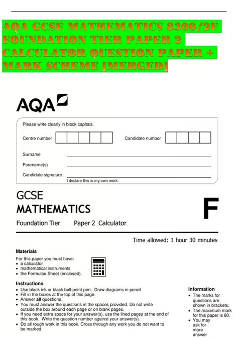 Aqa Gcse Mathematics 8300 2f Foundation Tier Paper 2 Calculator Question Paper Mark Scheme