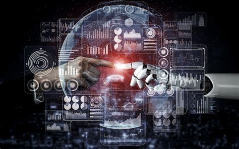 인간의 미래를 위한 로봇과 사이보그 개발의 3d 렌더링 인공 지능 Ai 연구 컴퓨터 두뇌를 위한 디지털 데이터 마이닝 및 기계