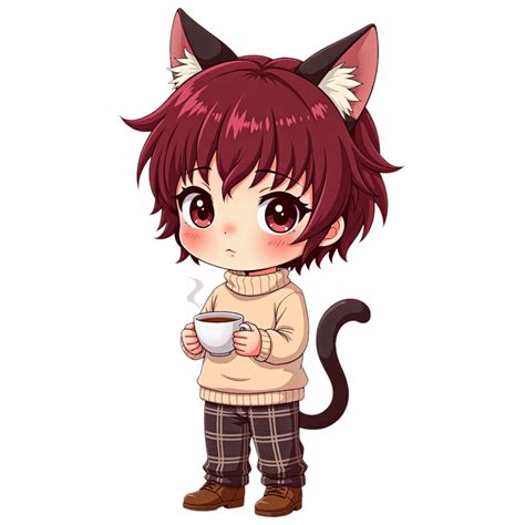 Chibi Cat Boy In Cozy Sweater Holding Coffee 52265288 Png