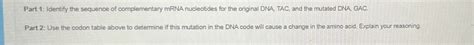Part 1 Identify The Sequence Of Complementary Mrna Nucleotides For The