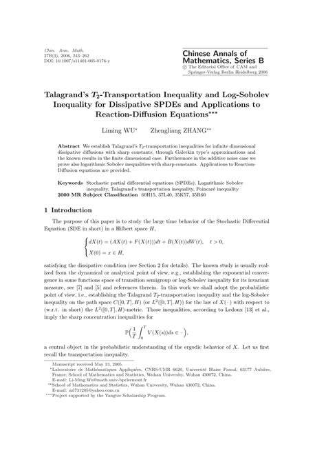 Pdf Talagrands T 2 Transportation Inequality And Log Sobolev Inequality For Dissipative Spdes