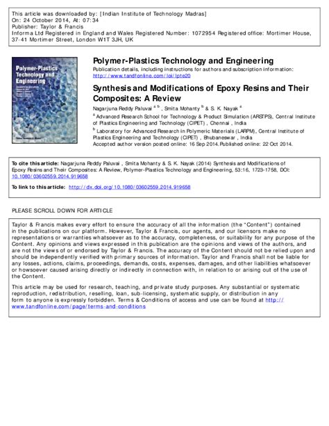 Pdf Synthesis And Modifications Of Epoxy Resins And Their Composites A Review