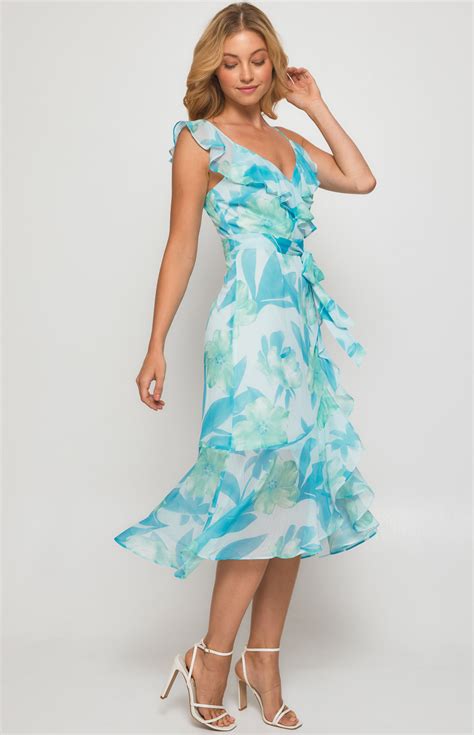 Floral Asymmetric Frill Neckline Midi Dress Sdr1344b Style State