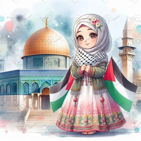 خرید و قیمت بک گراند کودکانه دختر ناز با حجاب ایستاده جلوی مسجدالاقصی با چفیه و پرچم فلسطین کد