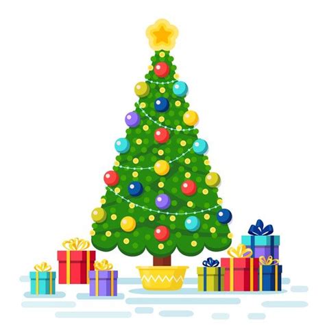 선물 상자 별 조명 장식 공으로 장식 된 크리스마스 트리 즐거운 성탄절 보내시고 새해 복 많이 받으세요 프리미엄 벡터 크리스마스 트리 크리스마스 트리 장식