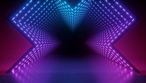 3d 렌더링 추상 네온 배경 터널 내부의 빛나는 분홍색 파란색 Led 조명 착시 원근보기가있는 기하학적 모양 모던한 미니멀 한