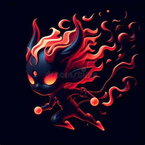 Minimalist Mini Fire Demon Deep Black Background Colors Stock