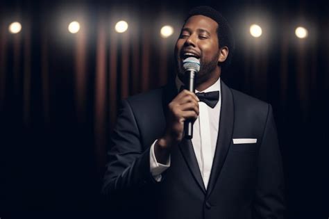 Black Man In Tuxedo Holding Microphone Premium Ai Generated Image