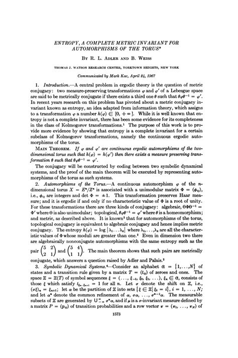 Pdf Entropy A Complete Metric Invariant For Automorphisms Of The Torus