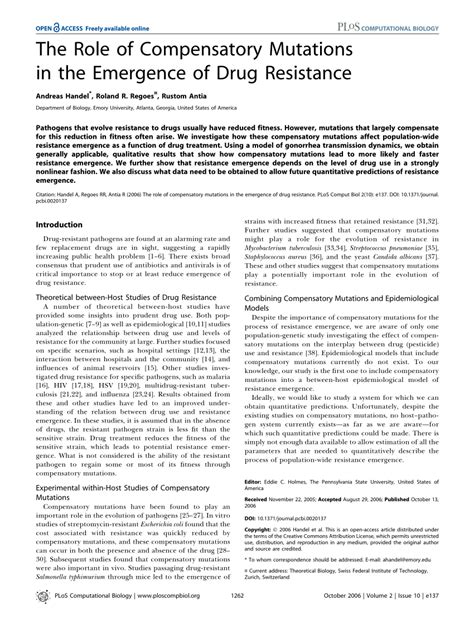 Pdf The Role Of Compensatory Mutations In The Emergence Of Drug Resistance