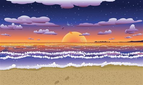 在热带海滩的日落 向量例证 插画 包括有 颜色 本质 红色 背包 夜间 横向 海运 开放 33612751