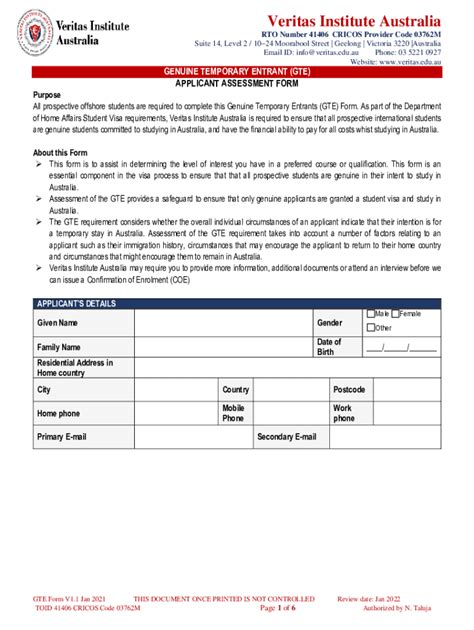 Fillable Online Genuine Temporary Entrant GTE Australian Migration