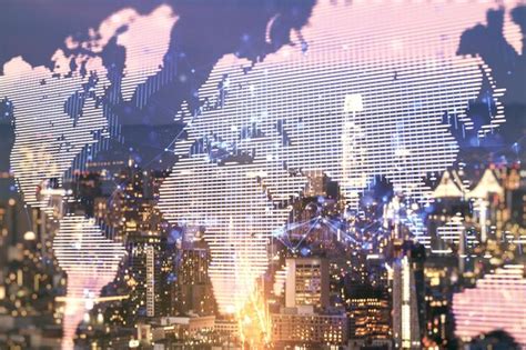 샌프란시스코 오피스 빌딩 배경에 추상적인 디지털 세계 지도 홀로그램의 이중 노출 빅 데이터와 블록체인 개념 프리미엄 사진