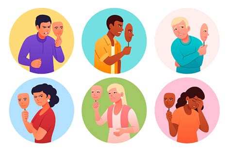 가짜 긍정적 인 감정으로 소셜 마스크 뒤에 얼굴을 숨기는 사람들의 집합 개념에 대한 스톡 벡터 아트 및 기타 이미지 개념 개성 개념 개체 그룹 Istock