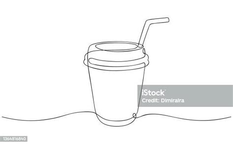주스 차 또는 커피의 종이 컵 단일 연속 라인으로 만든 커피 음료 패스트 푸드 카페 디자인을 위한 컨셉으로 갈 커피 벡터 라인아트에 대한 스톡 벡터 아트 및 기타 이미지