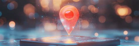 glowing location pin hovering over smartphone with city lights