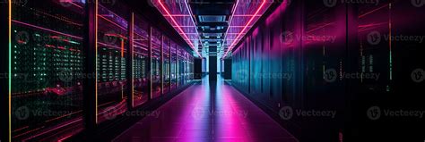 Dark With Neon Blue Pink Lights Server Room Data Center Storage