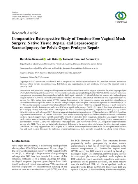 PDF Comparative Retrospective Study Of Tension Free Vaginal Mesh Surgery Native Tissue Repair