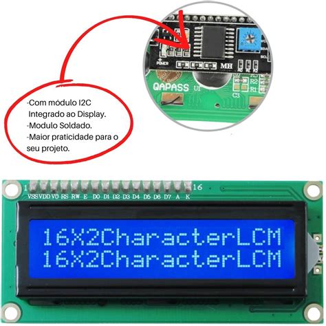 display lcd 16x2 backlight azul com modulo i2c integrado soldado