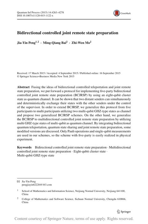 Bidirectional Controlled Joint Remote State Preparation Request Pdf