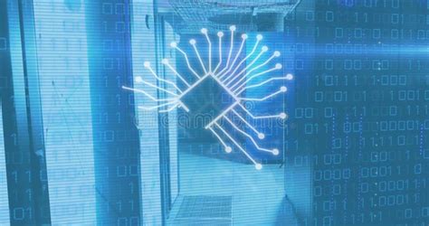 Animation Of Binary Codes Over Ai Text In Chip Against Server Room In