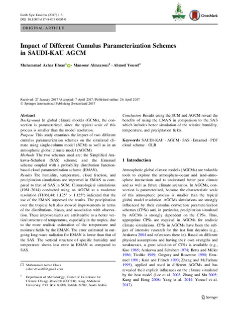 Pdf Impact Of Different Cumulus Parameterization Schemes In Saudi Kau Agcm