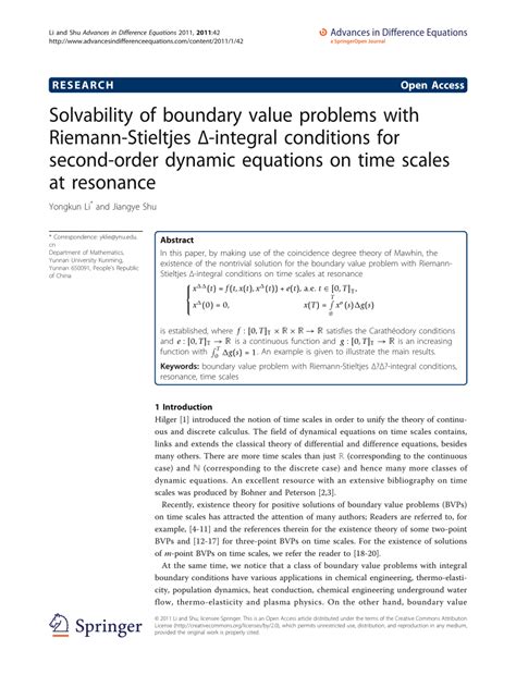 Pdf Solvability Of Boundary Value Problems With Riemann Stieltjes Δ Integral Conditions For