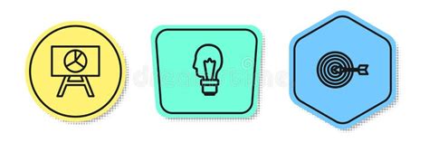 Set Line Board With Graph Chart Light Bulb Concept Of Idea And Target Colored Shapes Stock