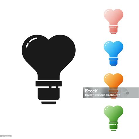 흰색 배경에 격리 된 전구 아이콘의 검은 심장 모양입니다 사랑의 상징 발렌타인 데이 기호입니다 다채로운 아이콘을 설정합니다 벡터 일러스트레이션 개념에 대한 스톡 벡터 아트