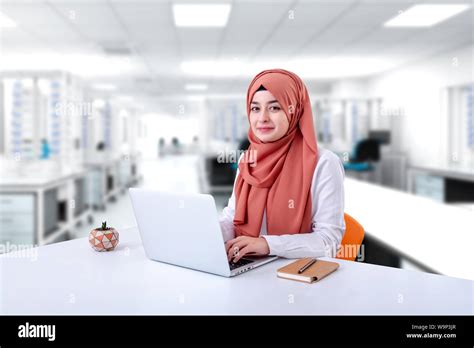 Hijab Muslim Woman Work With Computer Muslim Girl Sitting In Office
