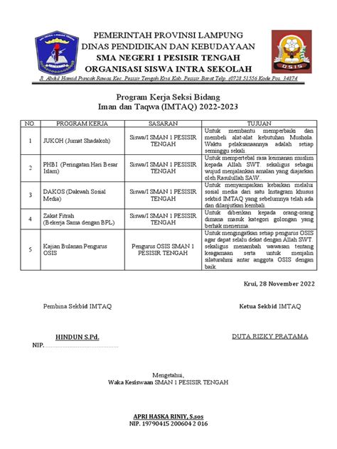 Program Kerja Imtaq Pdf
