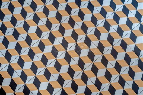 Geometric Cubic Pattern Symmetrical On Tile Floor Typical Madeira