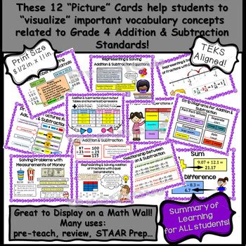 4th Grade Vocabulary Picture Cards Add Sub Whole Nos Decimals