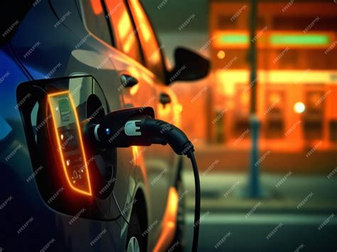 흐릿한 Nat에 전원 케이블 공급 장치가 연결된 충전소의 Ev 자동차 또는 전기 자동차 프리미엄 사진