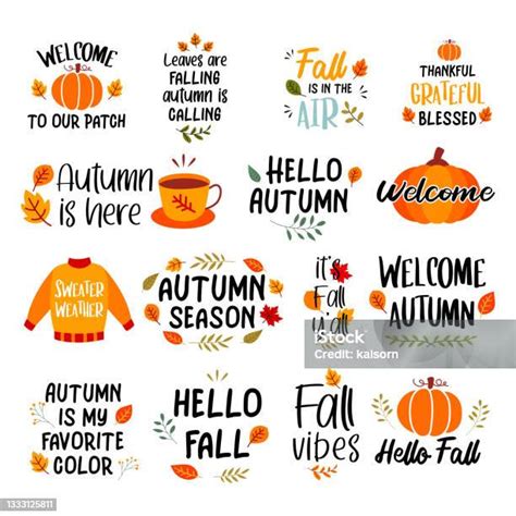 가을 손으로 그린 글자 세트 슬로건 스티커가 달린 가을 문구가 디자인으로 번들 디자인 가을에 대한 스톡 벡터 아트 및 기타 이미지 가을 컴퓨터 글자 감사 Istock