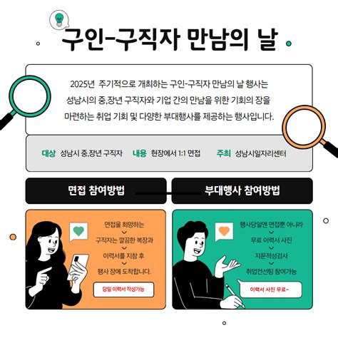 성남일자리센터 성남시에서는 기업의 인력난 해소와 구직자의 취업성공을 위해 다음과 같이 구인•구직자 만남의 날 채용행사를 개최합니다 관심있는 분들에 많은 참여