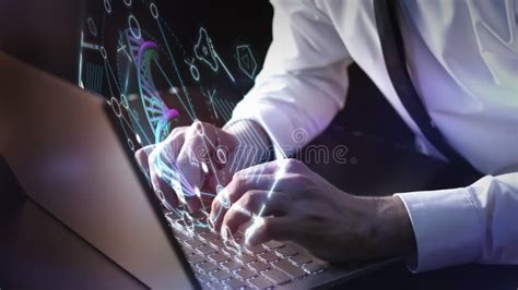 work on a virtual panel on an array of dna data stock footage video