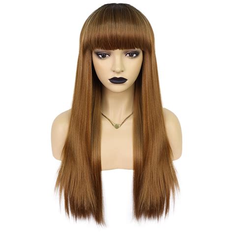 24 Inch Long Brown Straight Wig Synthetic Wig With Bangs For Women 1pc