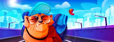 여행 하이킹 모험 만화 스타일 불독도시의 관광객은 나비에 의해 산만 해졌고 도시 건물을 배경으로 그룹에 뒤쳐졌습니다 관광객에 대한 스톡 벡터 아트 및 기타 이미지 Istock