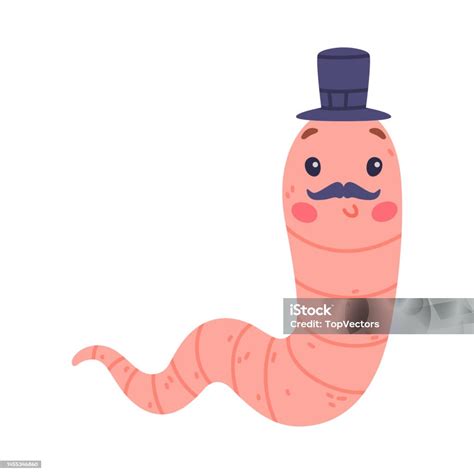 모자와 콧수염 벡터 일러스트레이션에 긴 튜브 바디를 가진 재미 있는 핑크 벌레 캐릭터 감정에 대한 스톡 벡터 아트 및 기타 이미지 감정 구더기 귀여운 Istock