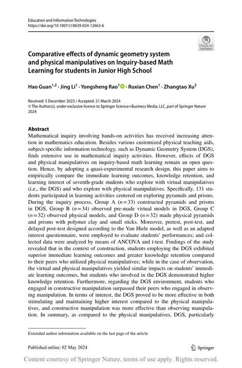 Comparative Effects Of Dynamic Geometry System And Physical Manipulatives On Inquiry Based Math