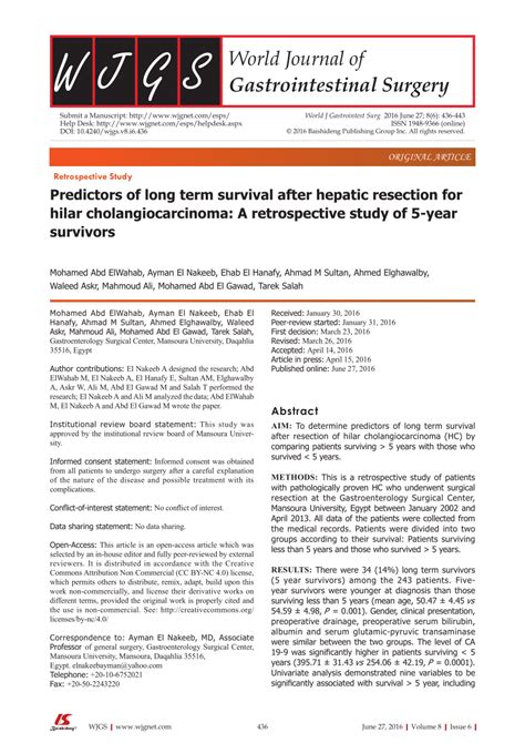 Pdf Predictors Of Long Term Survival After Hepatic Resection For