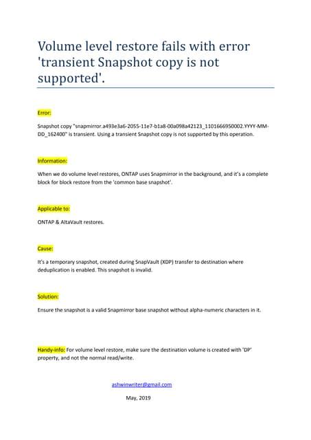 Volume Level Restore Fails With Error Transient Snapshot Copy Is Not