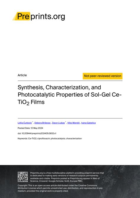 Pdf Synthesis Characterization And Photocatalytic Properties Of Sol Gel Ce Tio2 Films